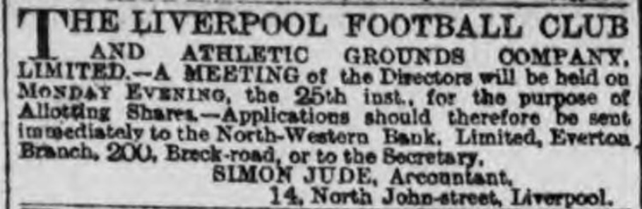 Liverpool F.C. advertisement allotting shares – "Play Up, Liverpool"