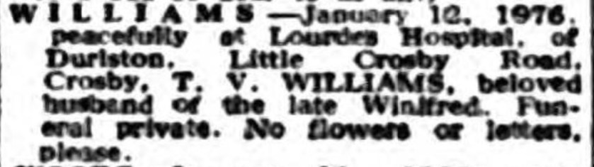 The death of Mr. Thomas Valentine Williams (T.V. Williams) – "Play Up ...